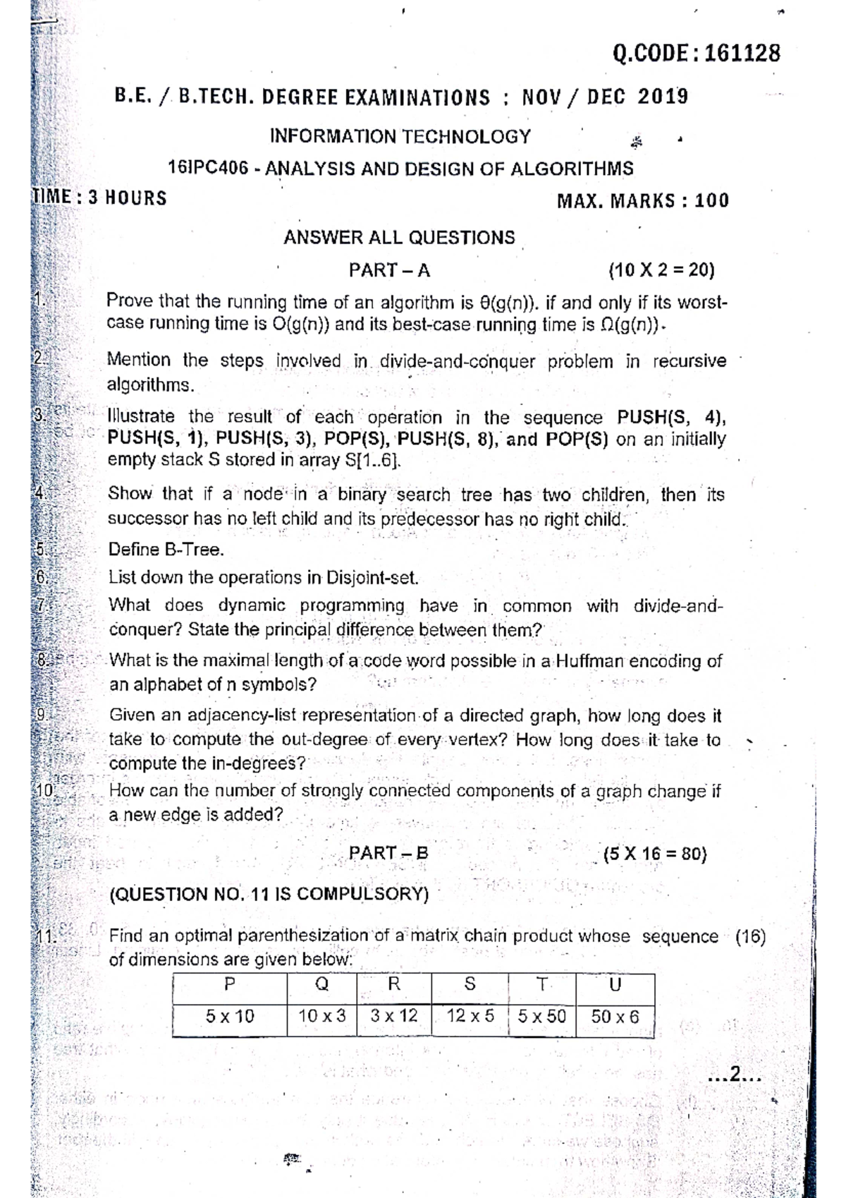 ADA previous year QP - Question paper - Analysis of desogn and algorithm - Studocu