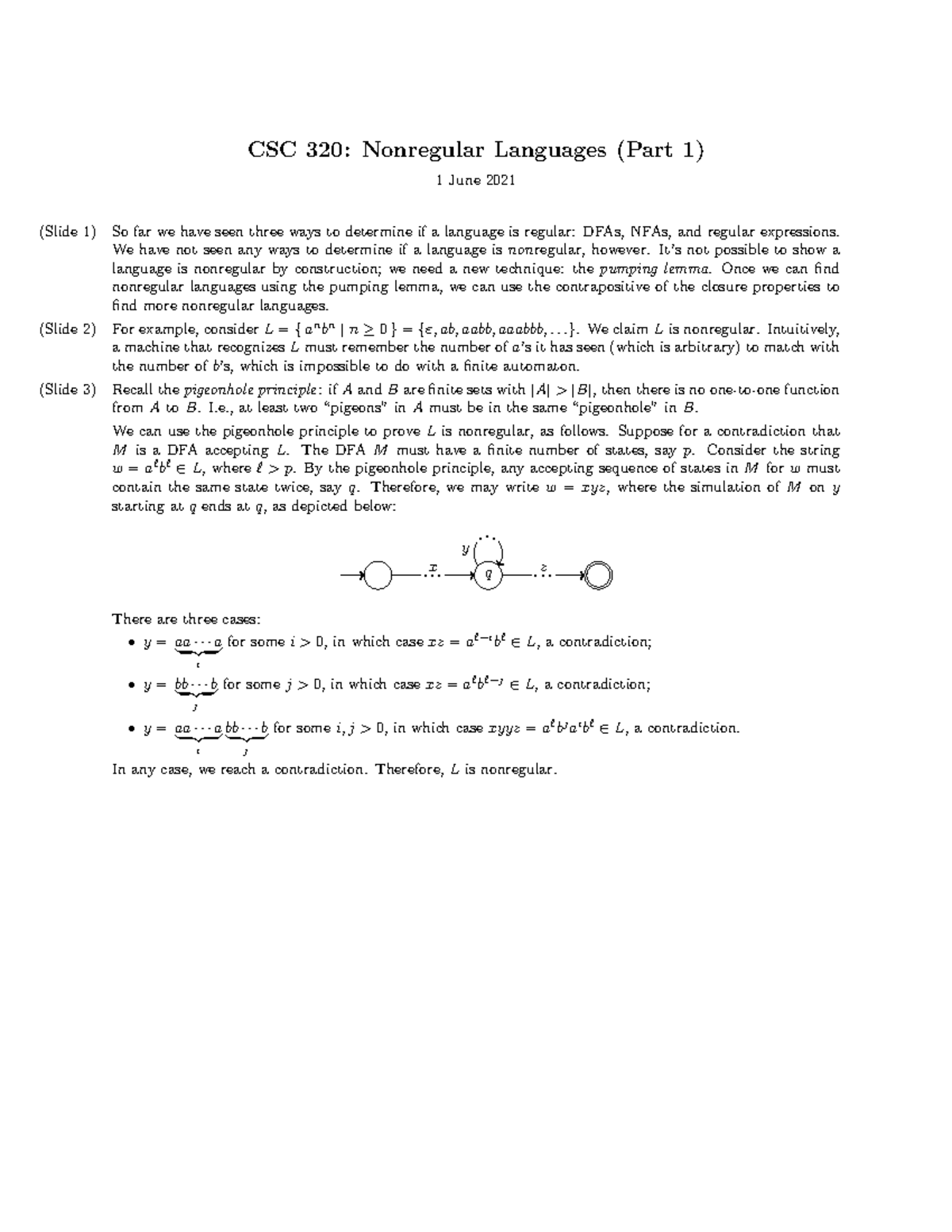 Lecture 06 notes 1 - CSC 320: Nonregular Languages (Part 1) 1 June 2021 ...