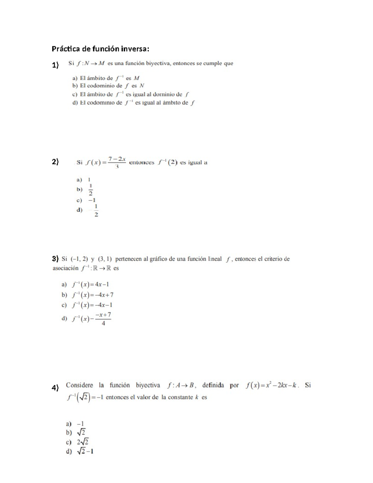 Práctica de función inversa - Matemática 1 - Práctica de función ...