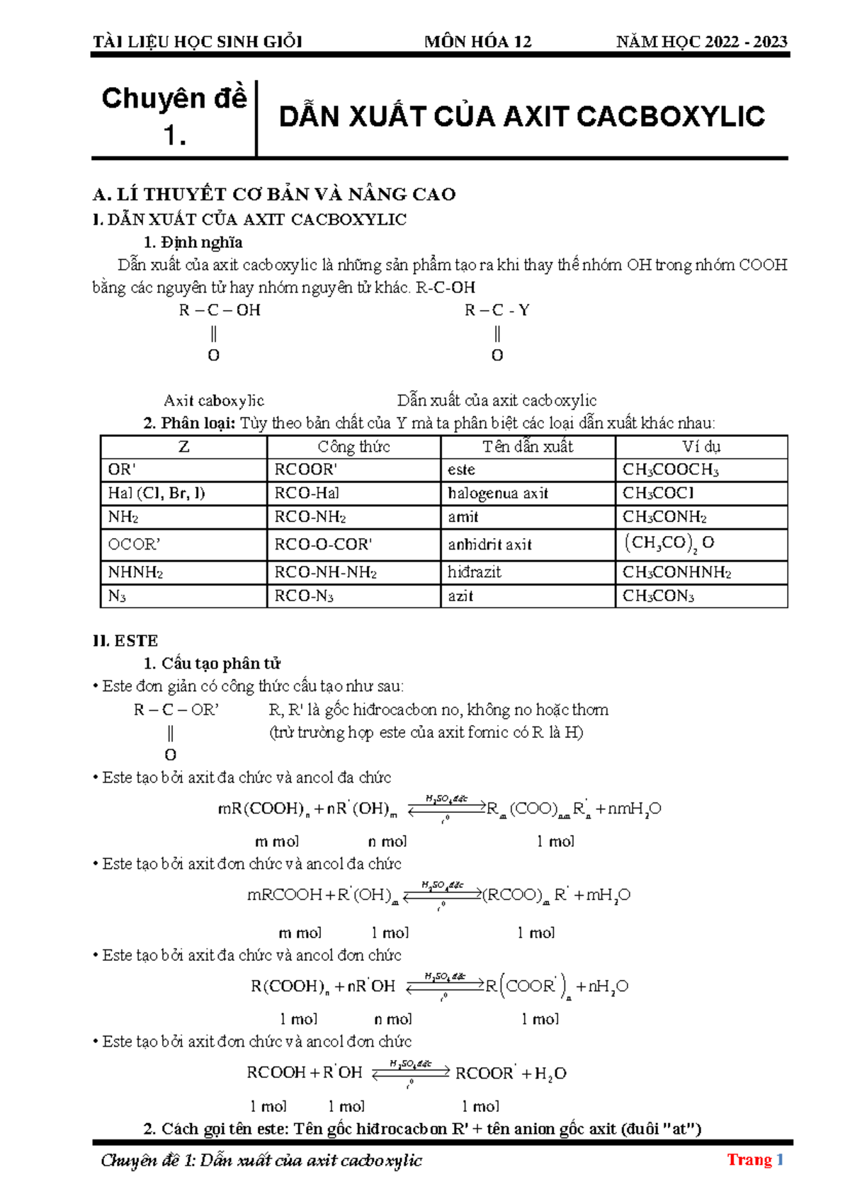 Dẫn xuất của axit cacboxylic - HS - Chuyên đề 1. DẪN XUẤT CỦA AXIT ...