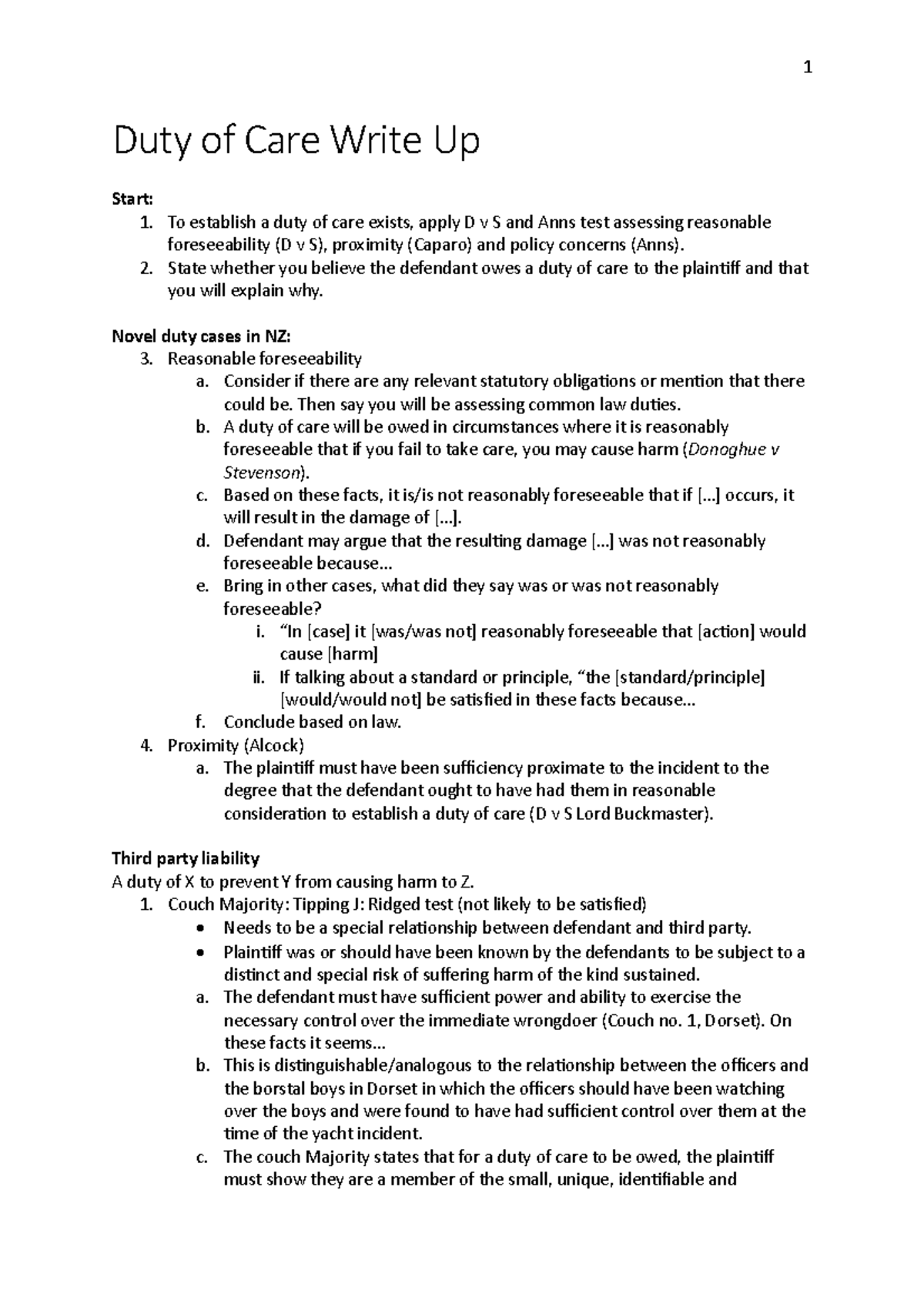Duty of Care Write Up - Duty of Care Write Up Start: 1. To establish a ...