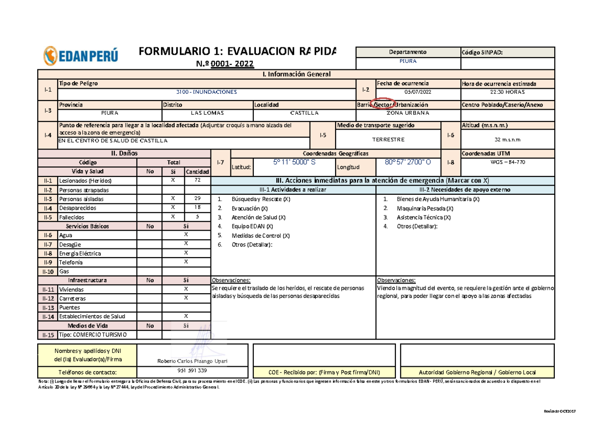 Form 1 Eval Rápida - EDAN formato - FORMULARIO 1: EVALUACIÓN RÁPIDA ...