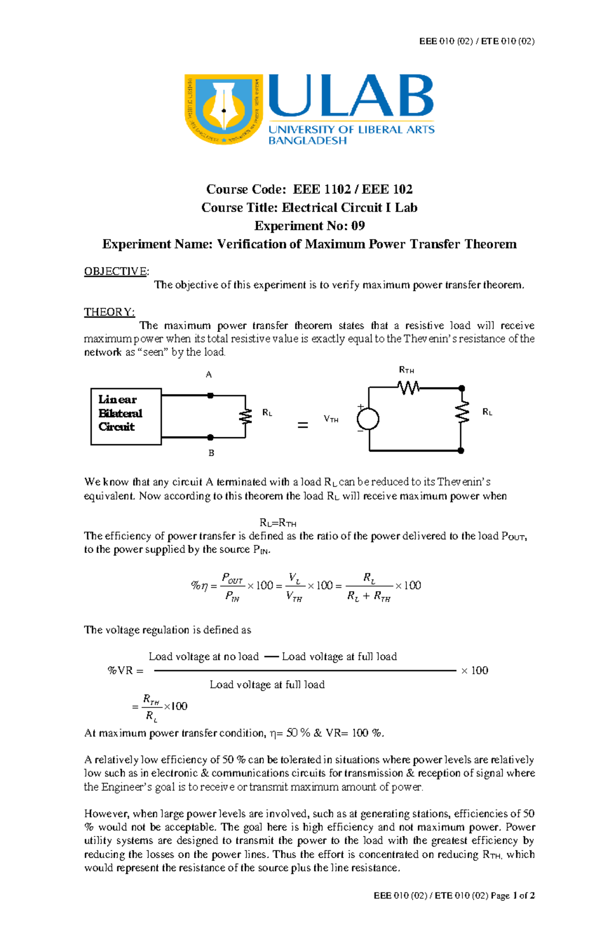 EEE 1102 EEE 102 ETE 102 - Experiment 09 - EEE 010 (02) / ETE 010 (02) EEE 010 (02) / ETE 010 ...