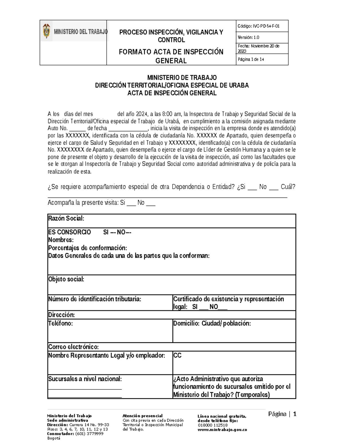 Formato Acta de Inspeccion Alcaldia - Ministerio del Trabajo Sede administrativa Dirección ...