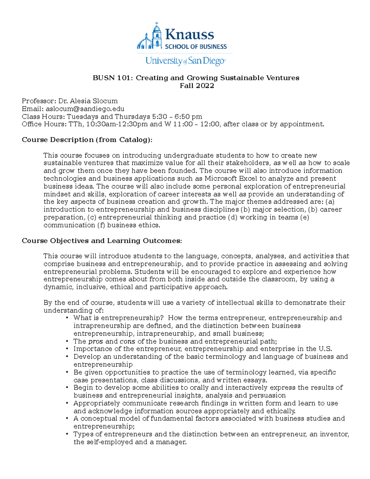 Syllabus FA22 - BUSN 101 - BUSN 101: Creating and Growing Sustainable ...