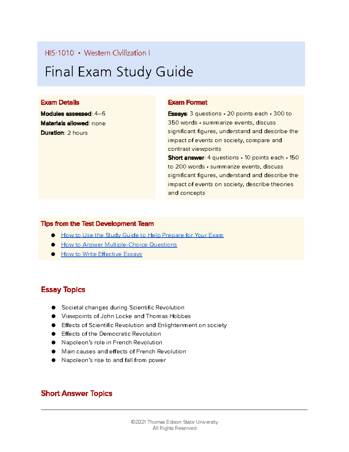 Final exam study guide HIS-1010-GS-20jan - HIS-1010 • Western Civilization I Final Exam Study ...