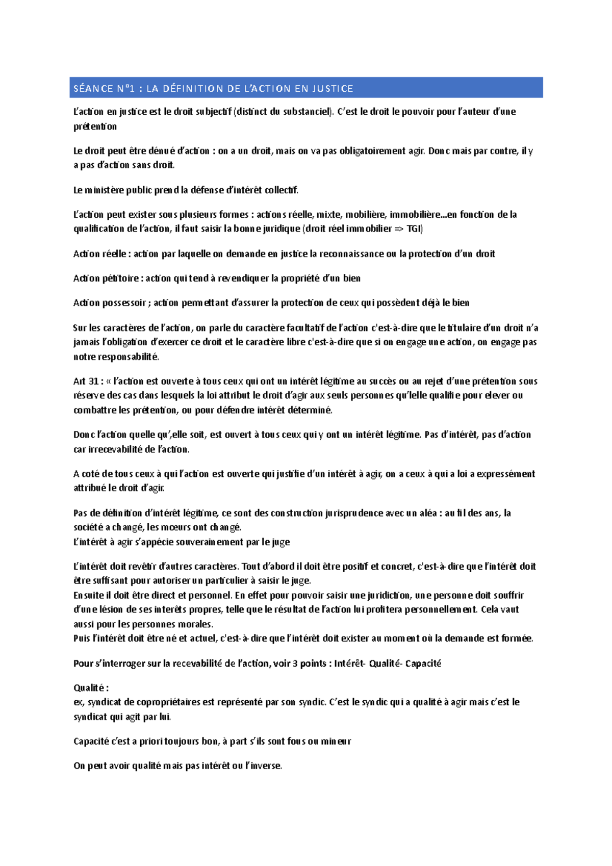 Séances - SÉANCE N°1 : LA DÉFINITION DE L’ACTION EN JUSTICE L’action en ...