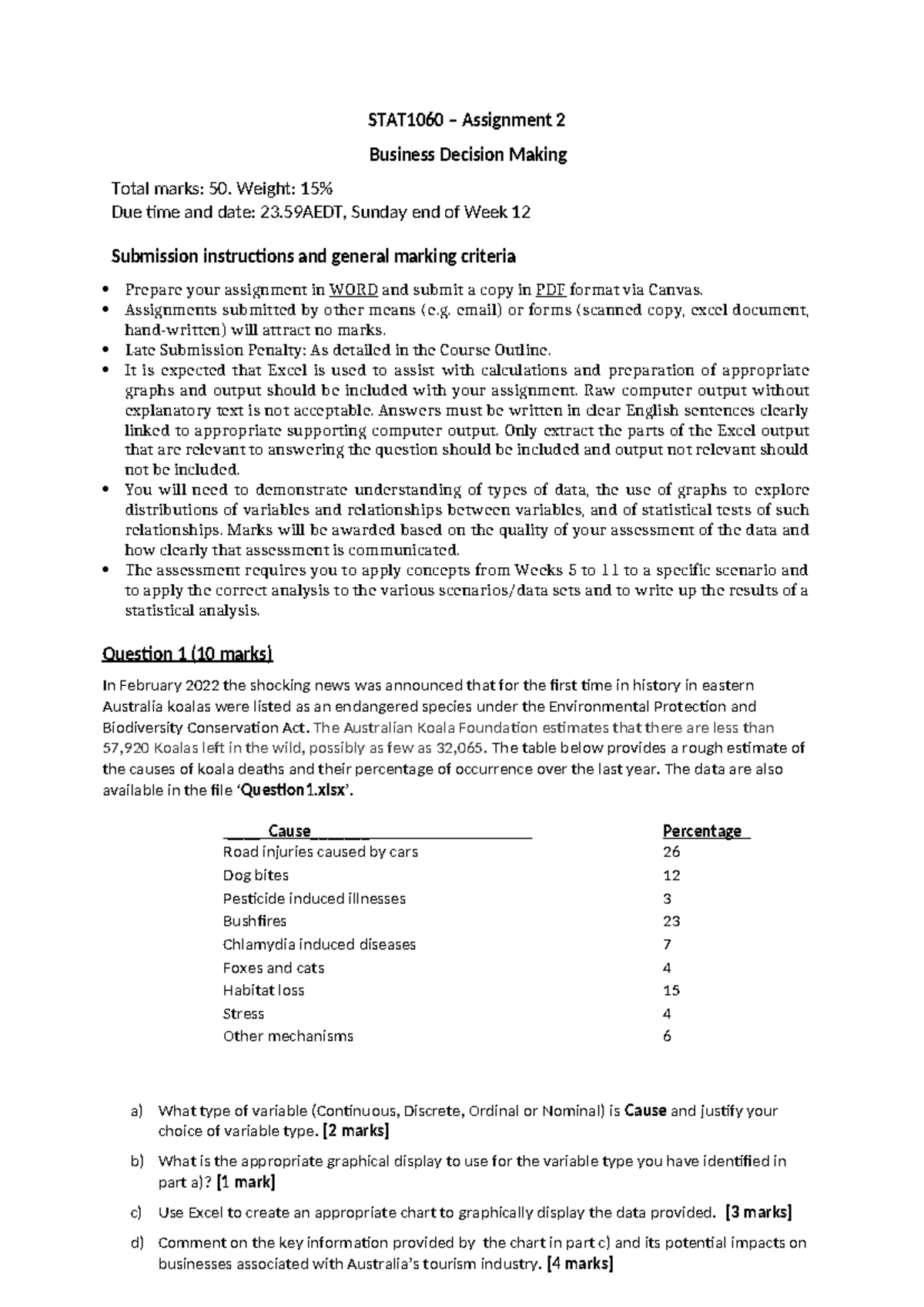 STAT1060 Asst 2 Questions-5 - STAT1060 – Assignment 2 Business Decision ...