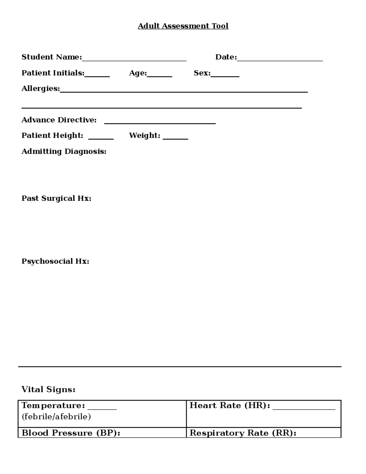 Critical Care Adult Assessment 3 - Adult Assessment Tool Student Name