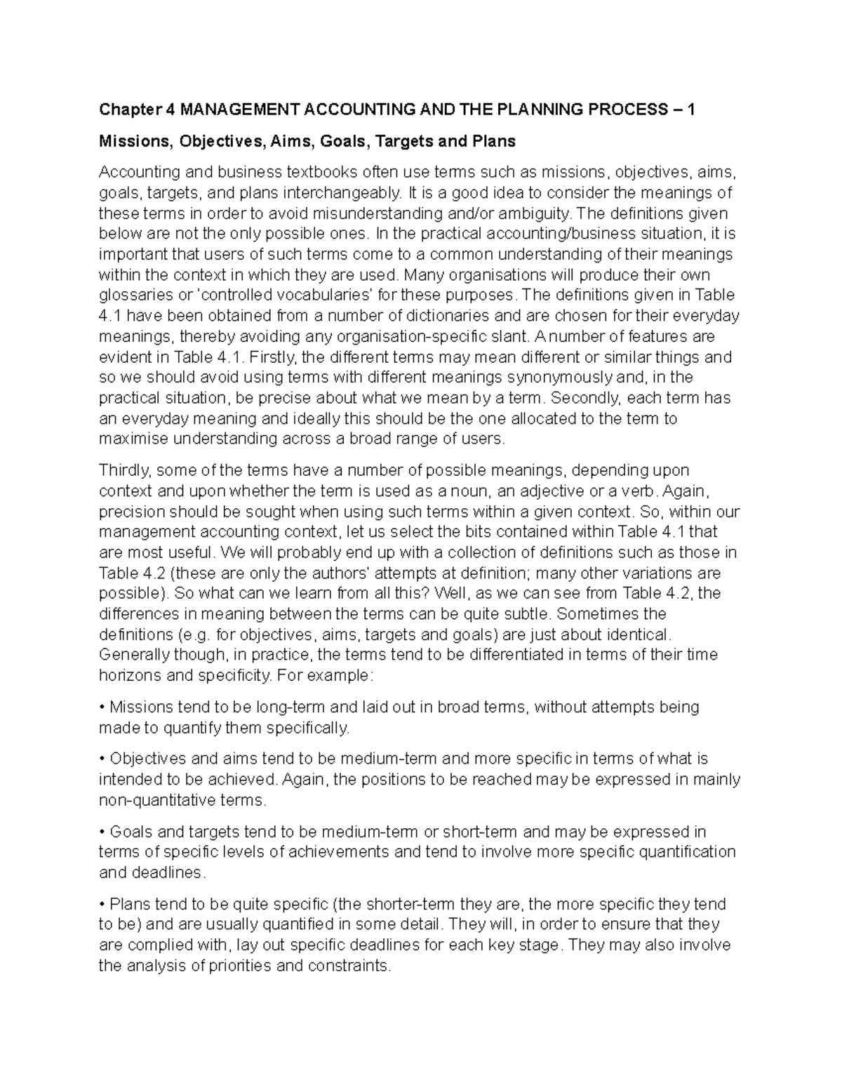 Chapter 4 Management Accounting AND THE Planning Process - Chapter 4 ...