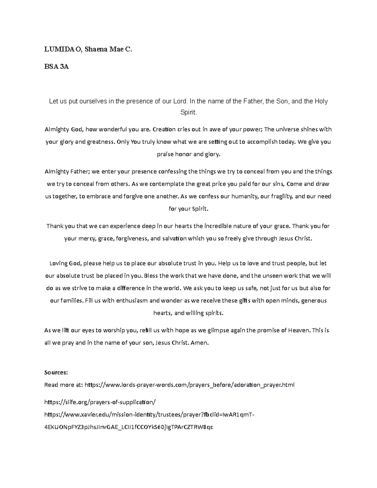Assignment 1 Prayer - LUMIDAO, Shaena Mae C. BSA 3A Let us put ...