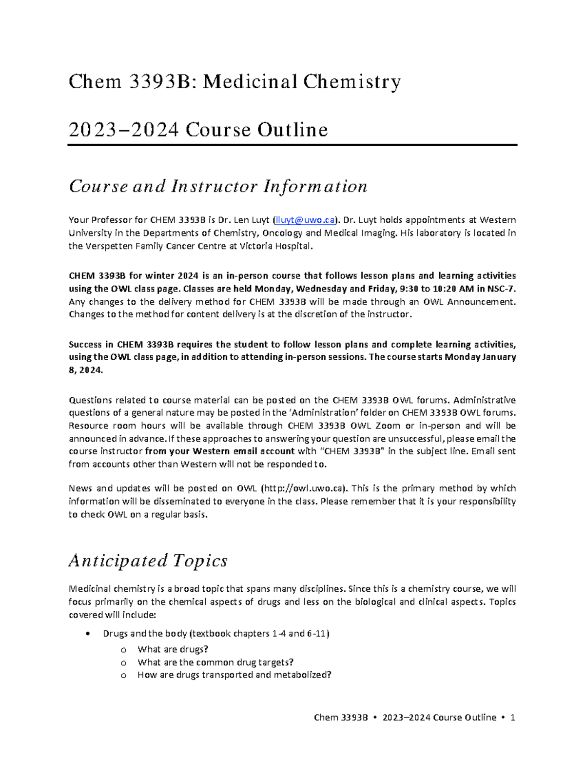 Chem syllabus - outline for the coruse - Chem 3393B: Medicinal ...
