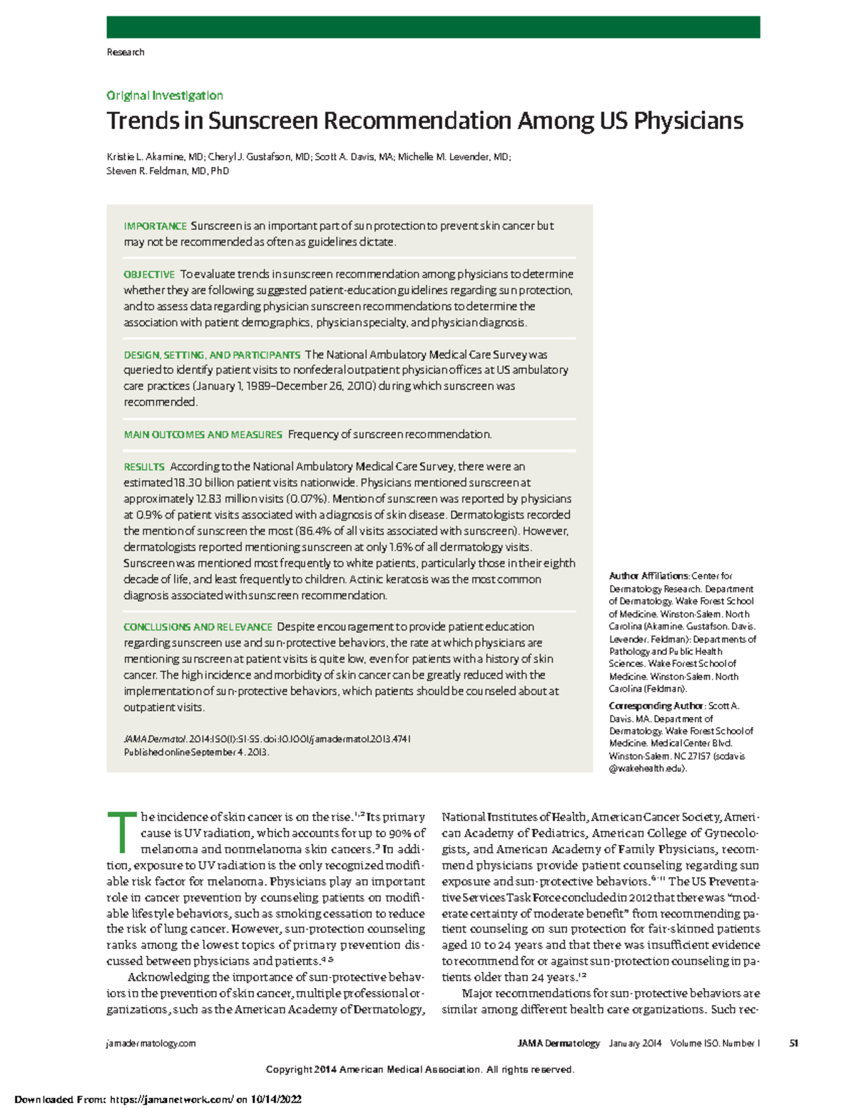 Trends in Sunscreen Recommendation Among US Physicians - Copyright 2014 ...