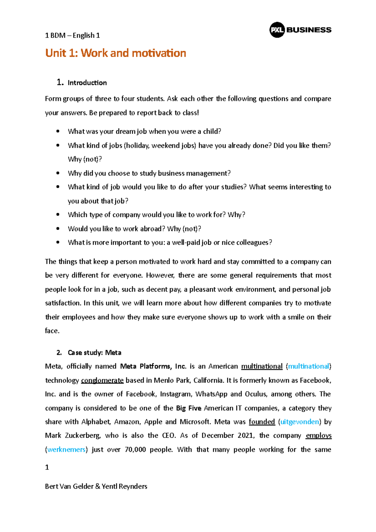 Unit 1 Work and Motivation - Unit 1: Work and motivation 1. Introduction Form groups of three to ...