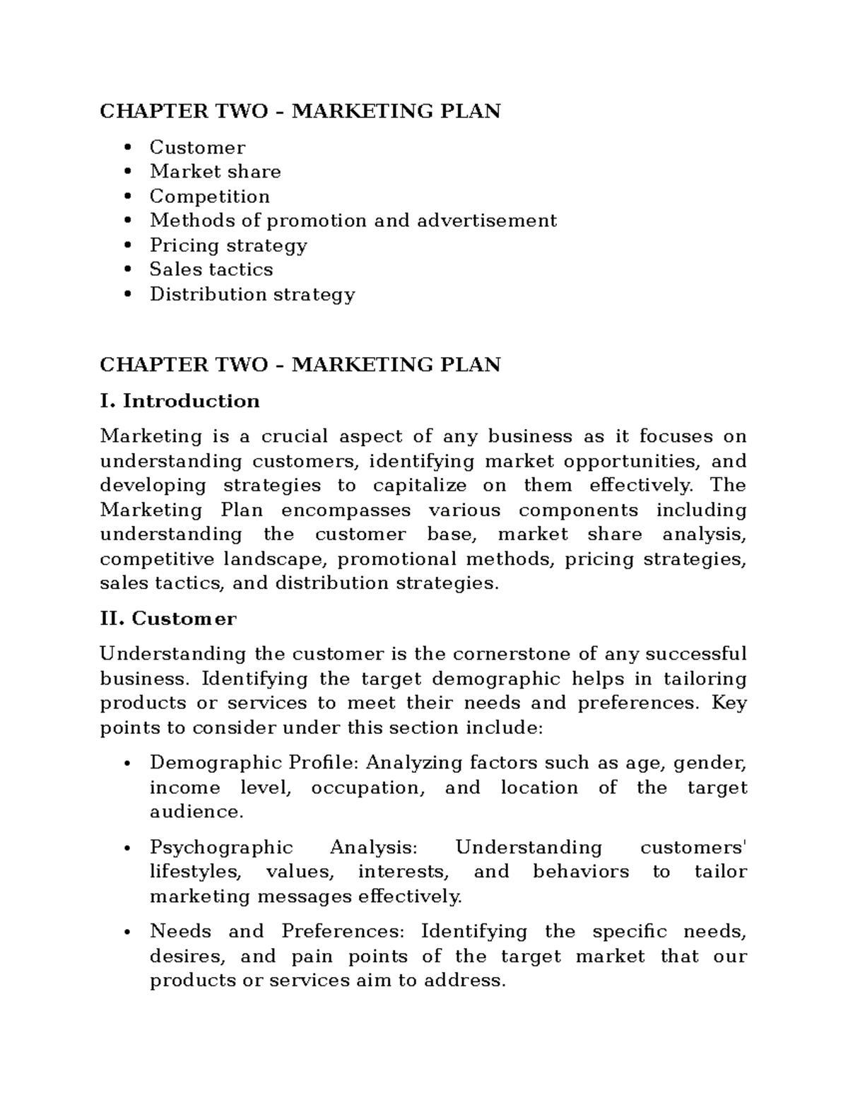 Chapter two - CHAPTER TWO – MARKETING PLAN Customer Market share ...