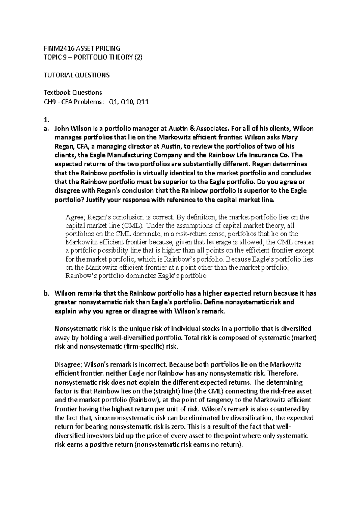 Week 9 - CAPM, Market Model - FINM2416 ASSET PRICING TOPIC 9 – PORTFOLIO THEORY (2) TUTORIAL ...