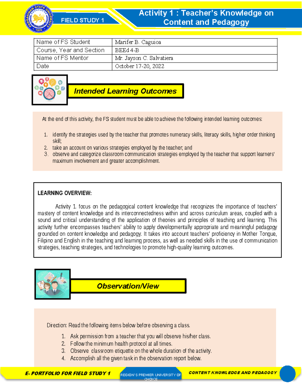 Caguioa FS1-Activity-1 - FIELD STUDY 1 ####### E- PORTFOLIO FOR FIELD ...