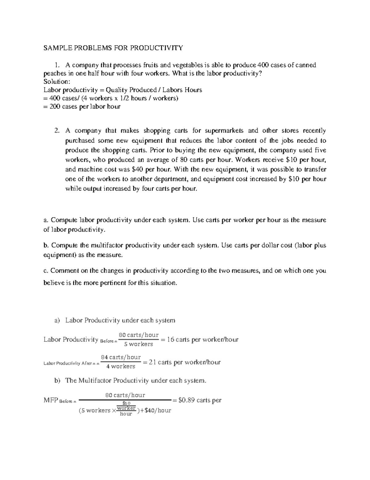 EEE-Ritzman- ch-1-Productivity Math-Corrected - SAMPLE PROBLEMS FOR PRODUCTIVITY 1. A company ...