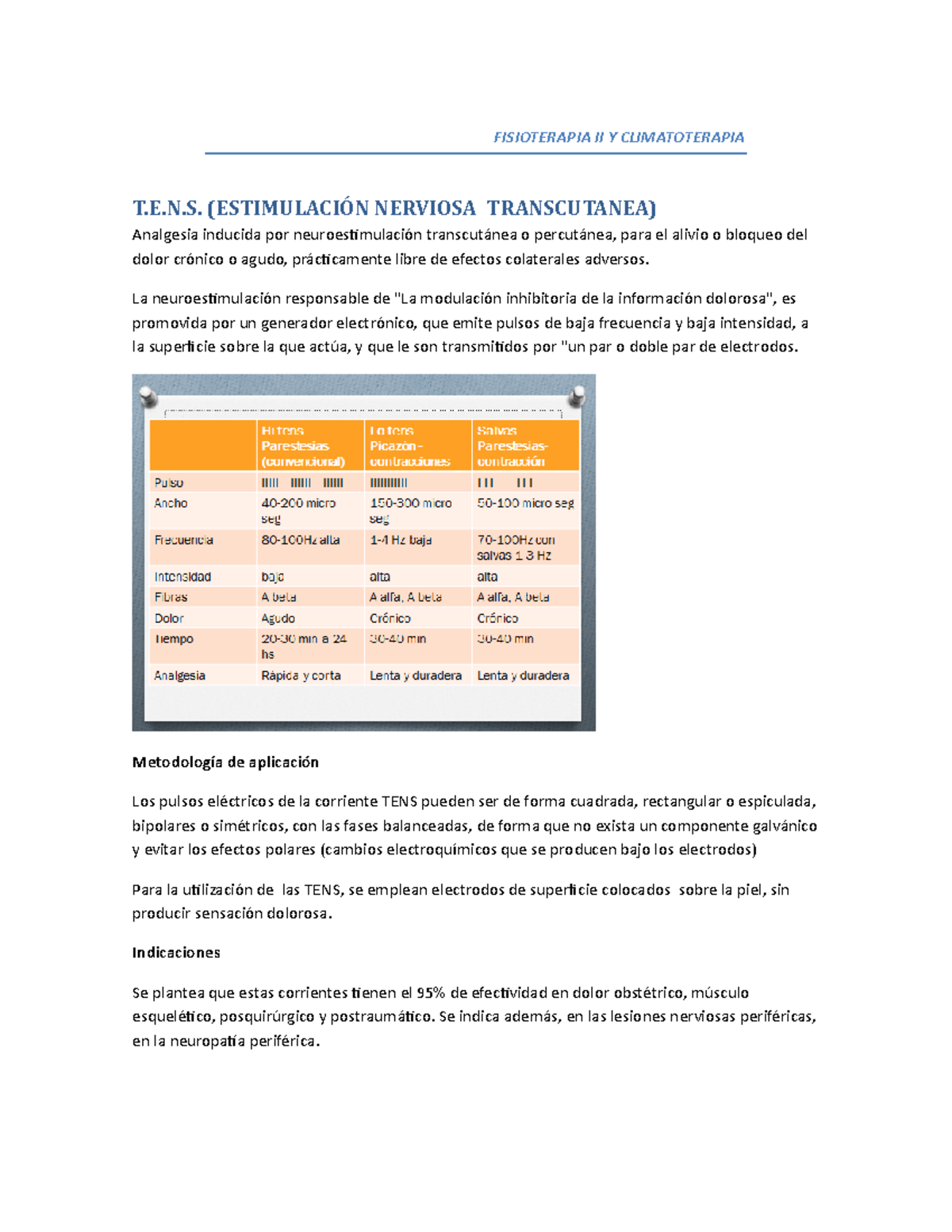Corrientes TENS - FISIOTERAPIA II Y CLIMATOTERAPIA T.E.N. (ESTIMULACIÓN ...