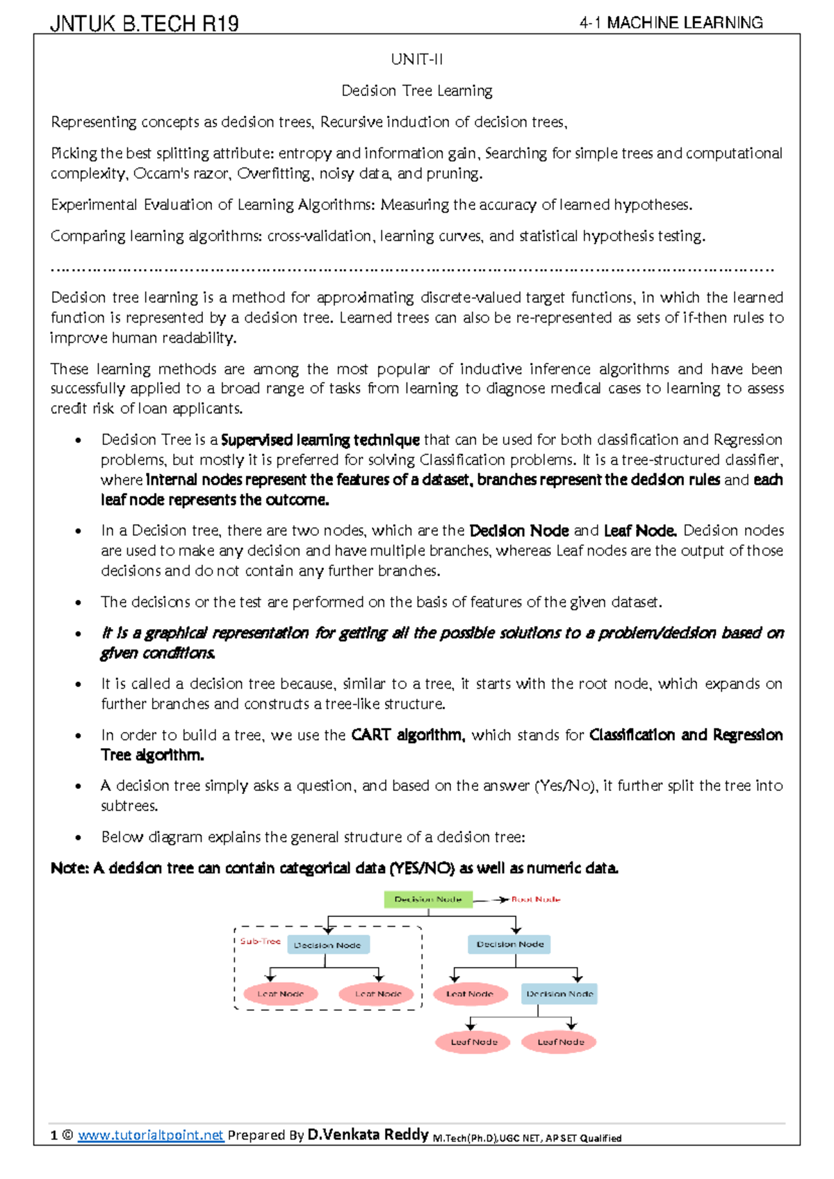 Machine Learning Unit 2 - UNIT-II Decision Tree Learning Representing ...