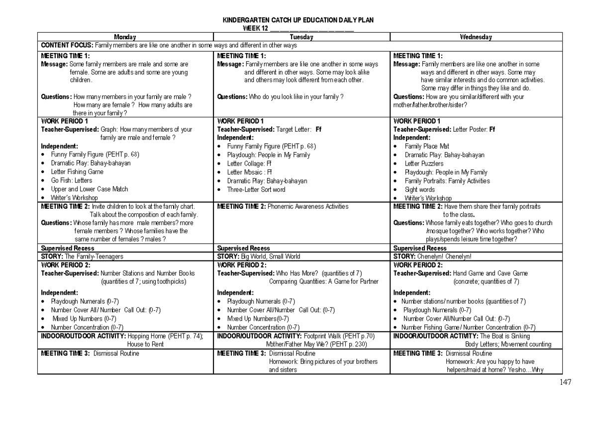 Kindergarten Lesson Plan Week 12 - KINDERGARTEN CATCH UP EDUCATION ...