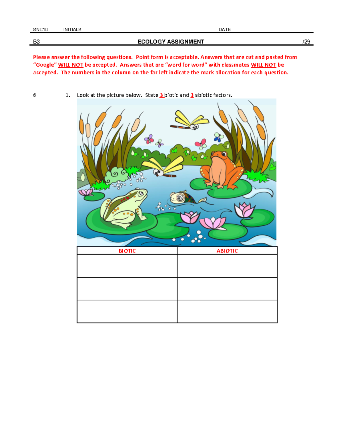 Ecology Assignment 2021 - SNC1D INITIALS DATE B ECOLOGY ASSIGNMENT ...