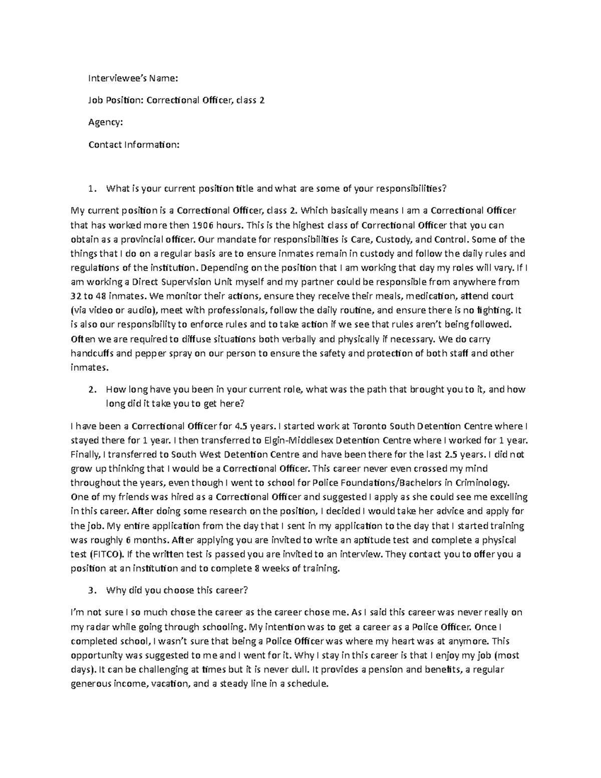 interview questions - Interviewee’s Name: Job Position: Correctional ...