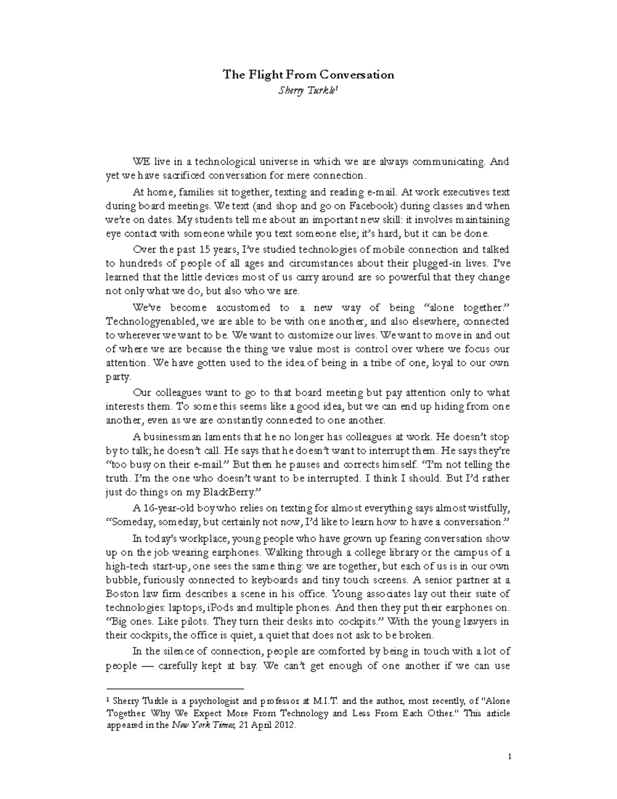 The flight from conversation - The Flight From Conversation Sherry ...