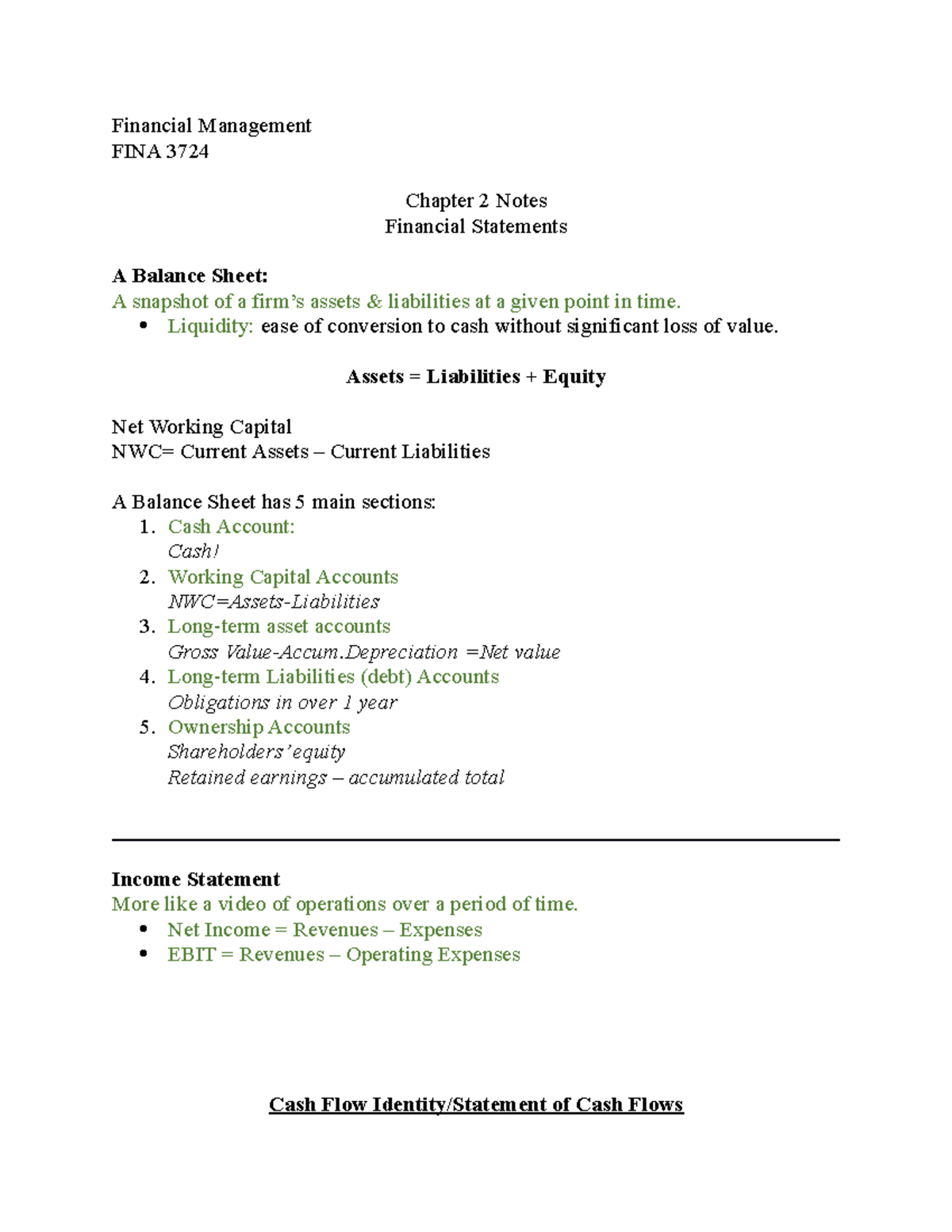 Financial Management Chapter 2 Notes - Financial Management FINA 3724 ...