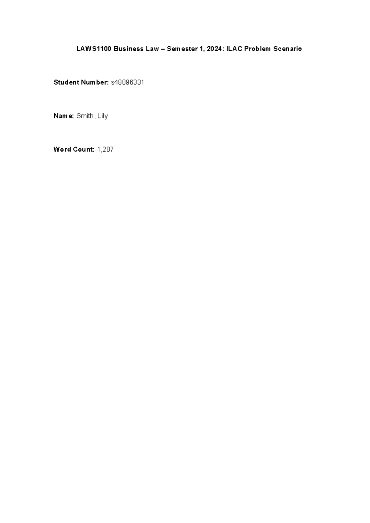 LAWS1100 Business Law 15% ILAC - Student Number: s Name: Smith, Lily ...