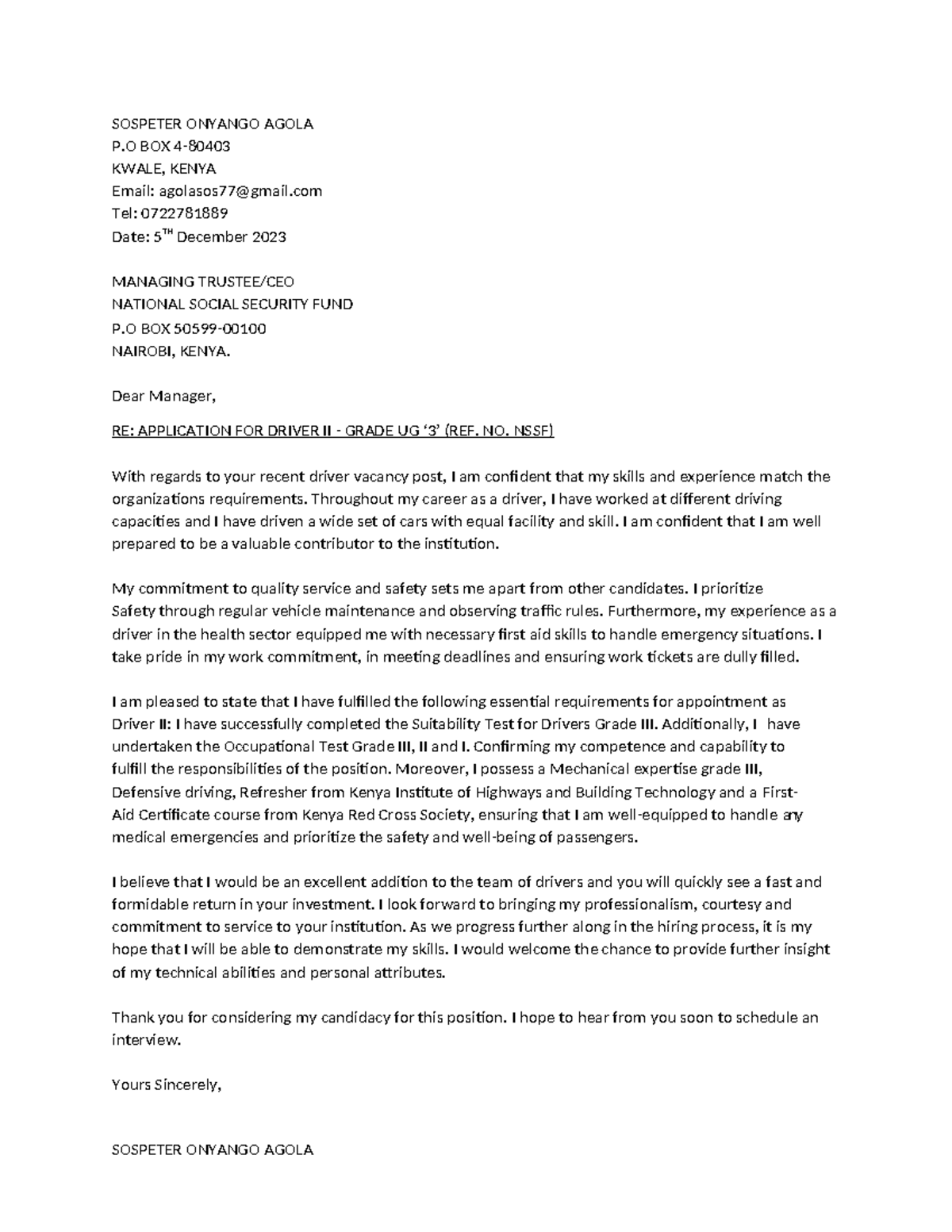 Sospeter Agola - Senior Driver KIPI Application Letter - SOSPETER ...