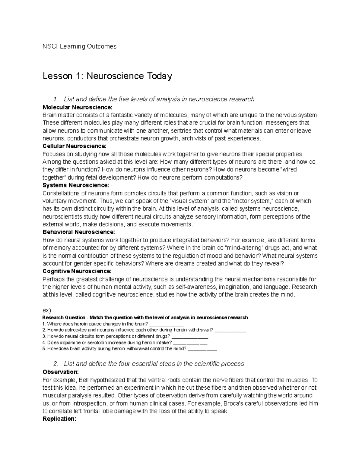 Nsci175 Unit1 LO - Unit 1 Learning Objectives - NSCI Learning Outcomes ...