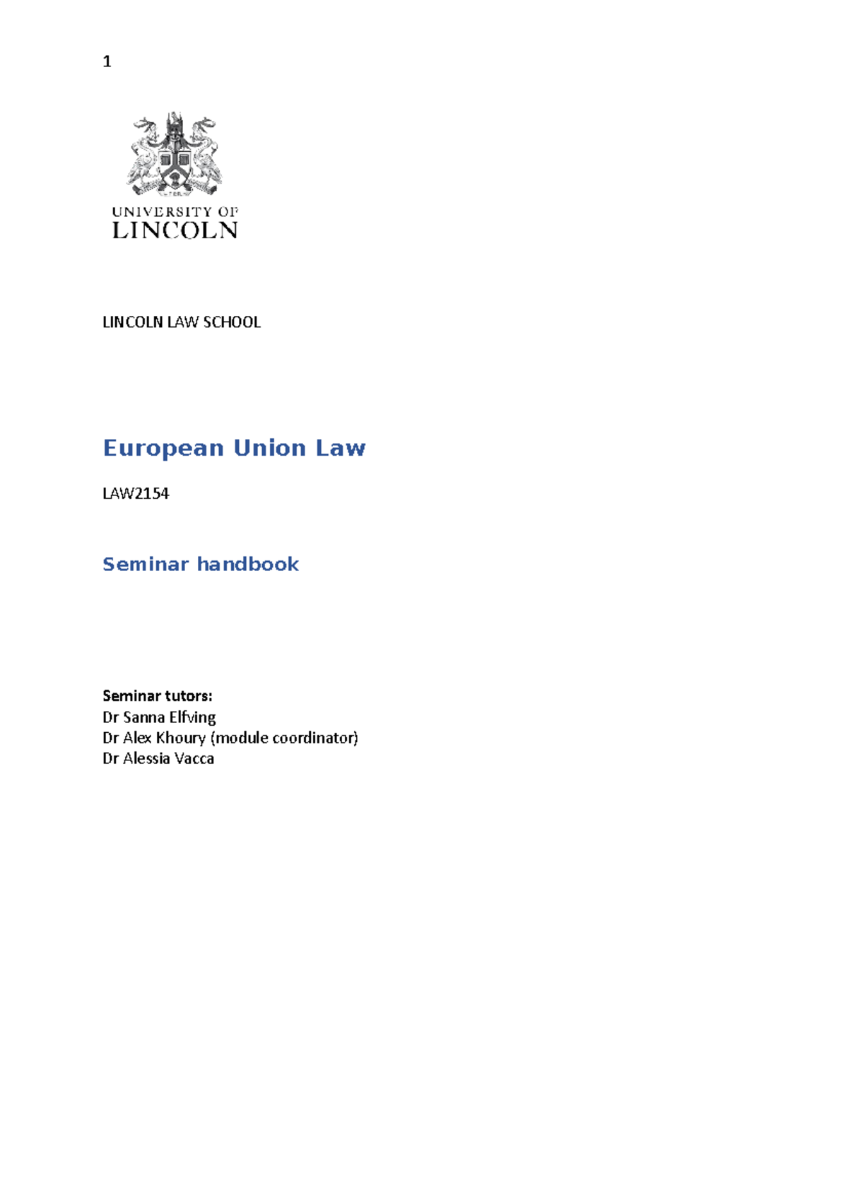 Seminar Handbook - LINCOLN LAW SCHOOL European Union Law LAW Seminar ...