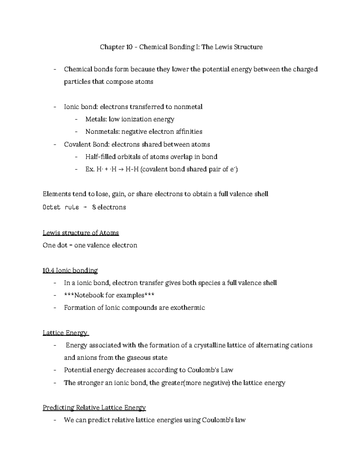Chapter 10 - Chemical Bonding I - H + Hᐧ ᐧ → H-H (covalent bond shared ...