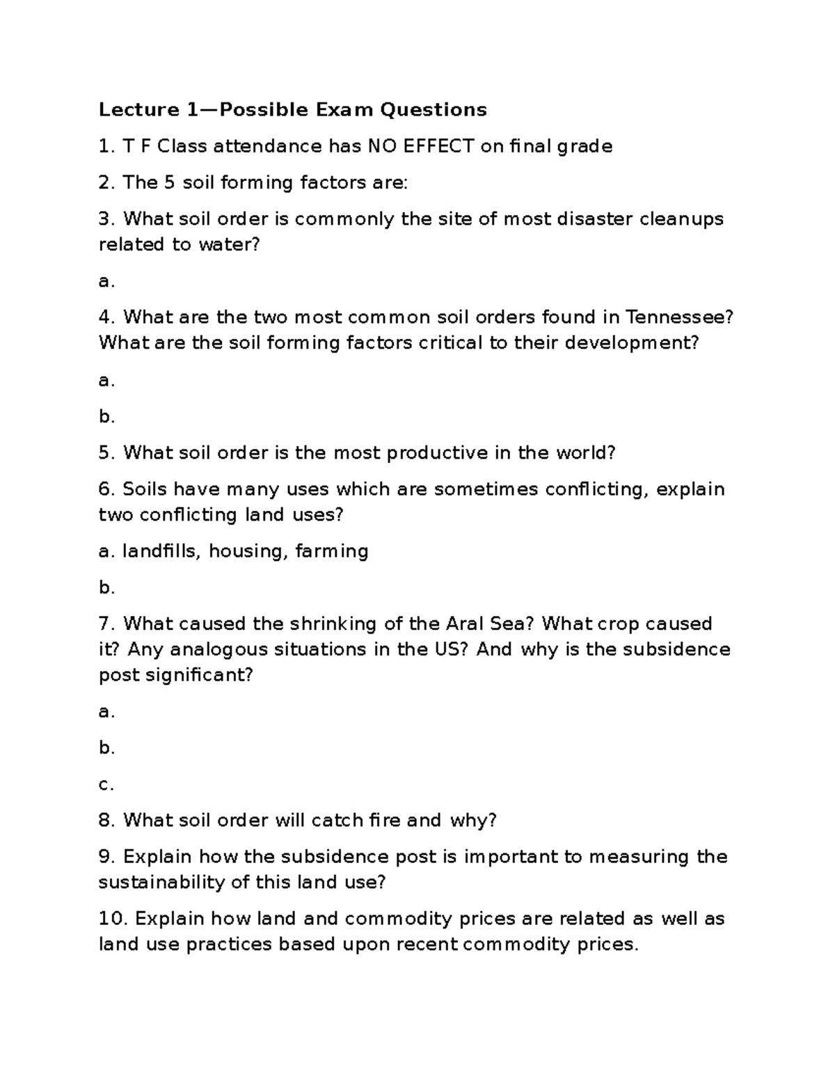 1st lecture exam questions - Lecture 1—Possible Exam Questions T F ...