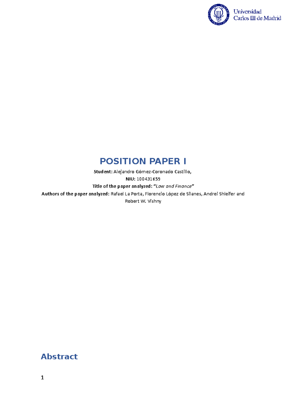 Position paper I - POSITION PAPER I Student: Alejandro Gómez-Coronado ...
