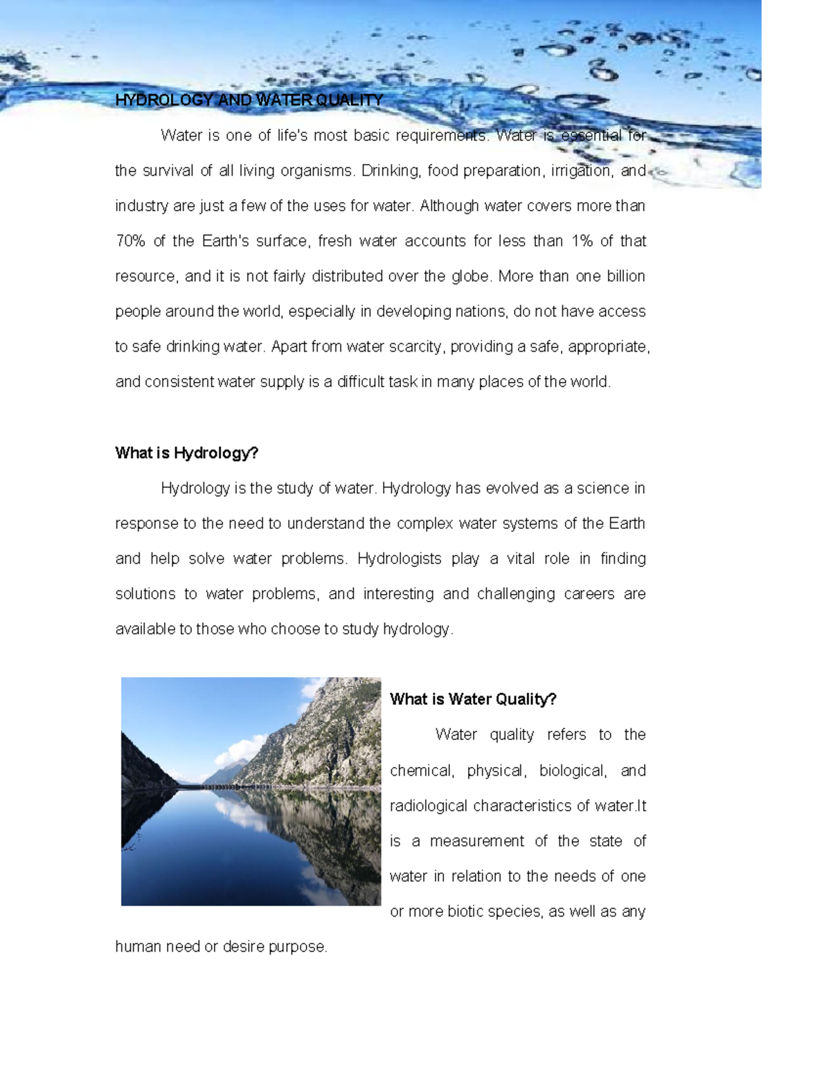 Envi Tech 4 - Hydrology notes - HYDROLOGY AND WATER QUALITY Water is ...