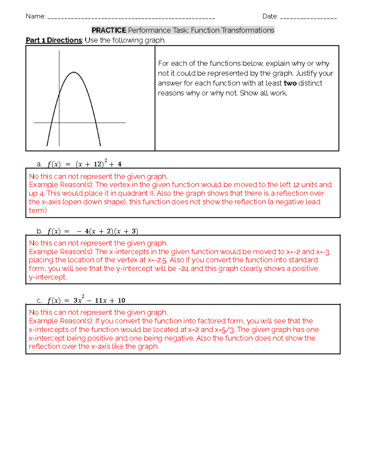 Practice Performance Task Function Transformations KEY - Name: - Studocu
