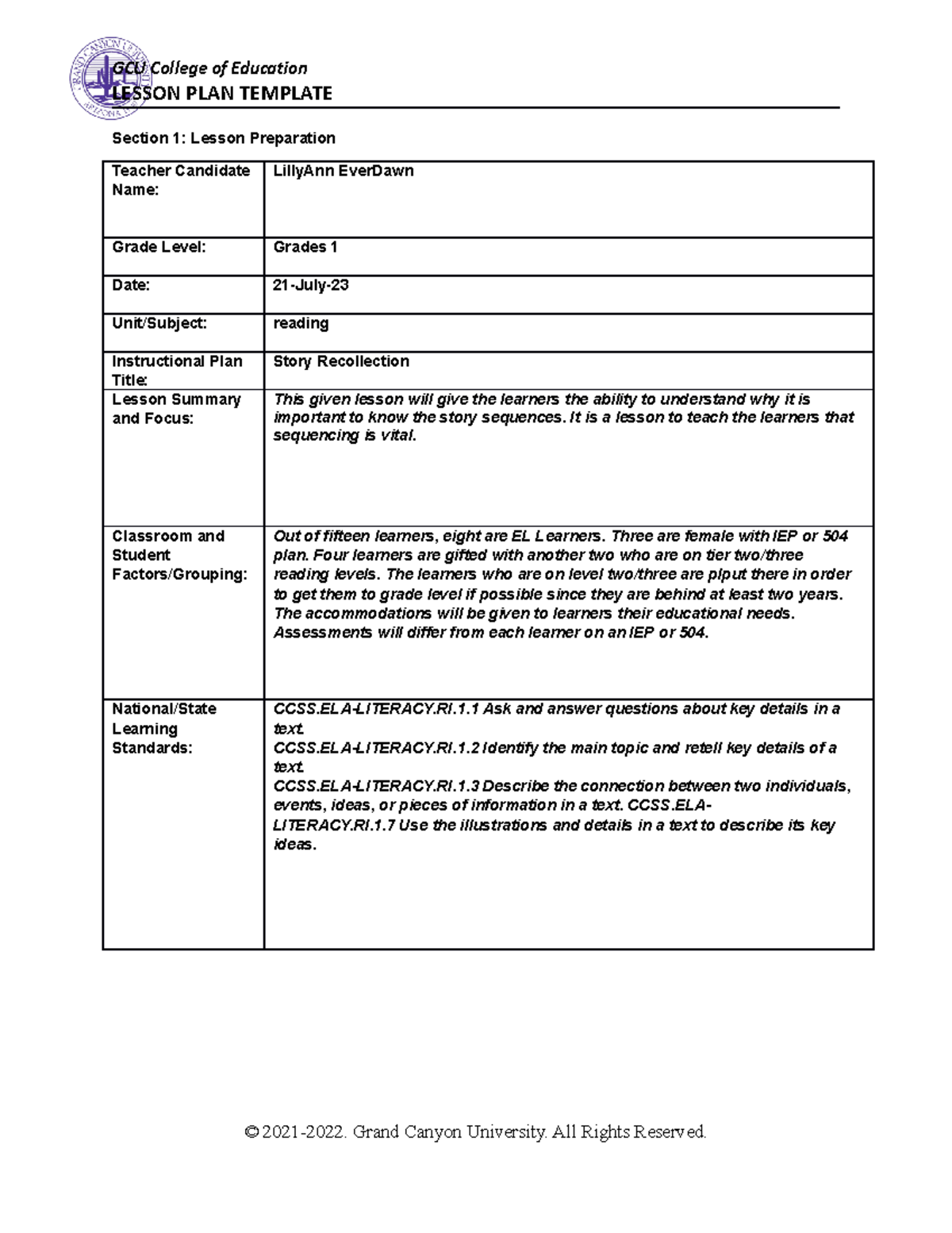 Week 5 Lesson Plan - LESSON PLAN TEMPLATE Section 1: Lesson Preparation ...