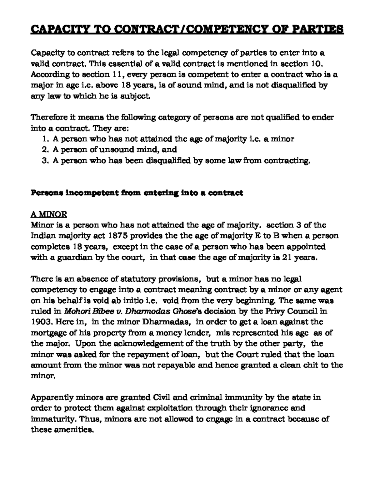 Capacity to Contract (Competency of parties) Contract law - CAPACITY TO ...