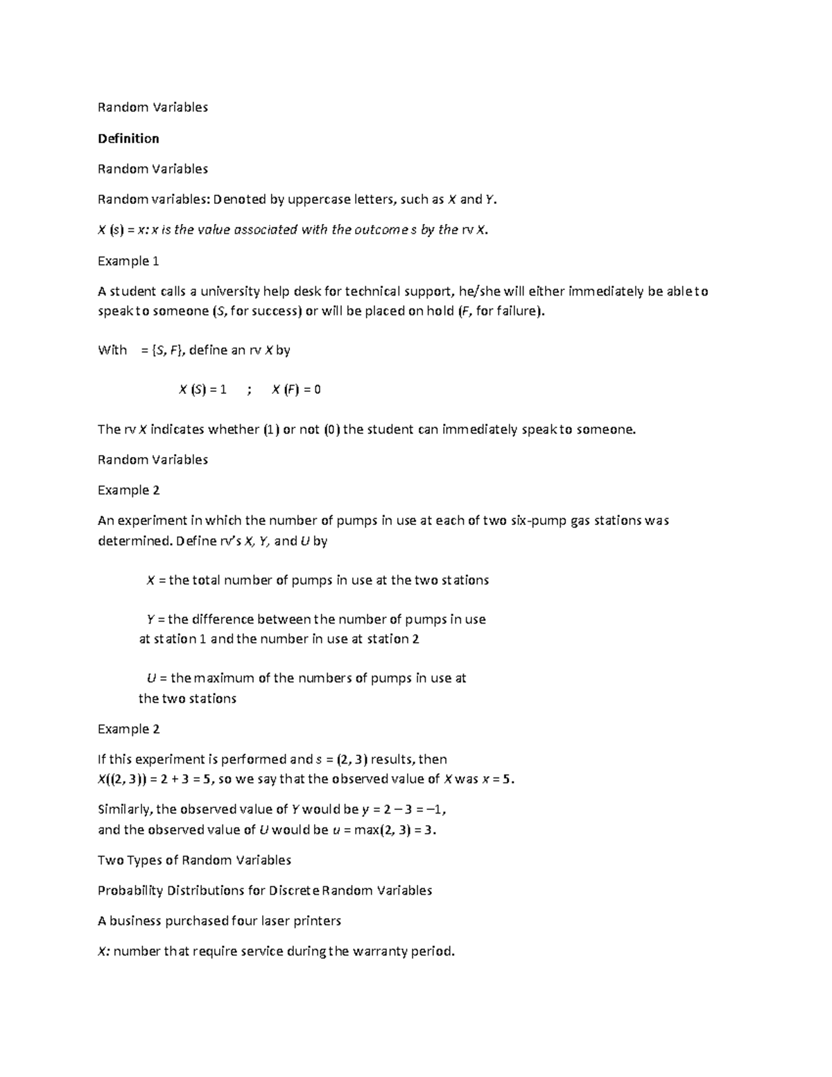 Lecture 3 - Random Variables Definition Random Variables Random ...