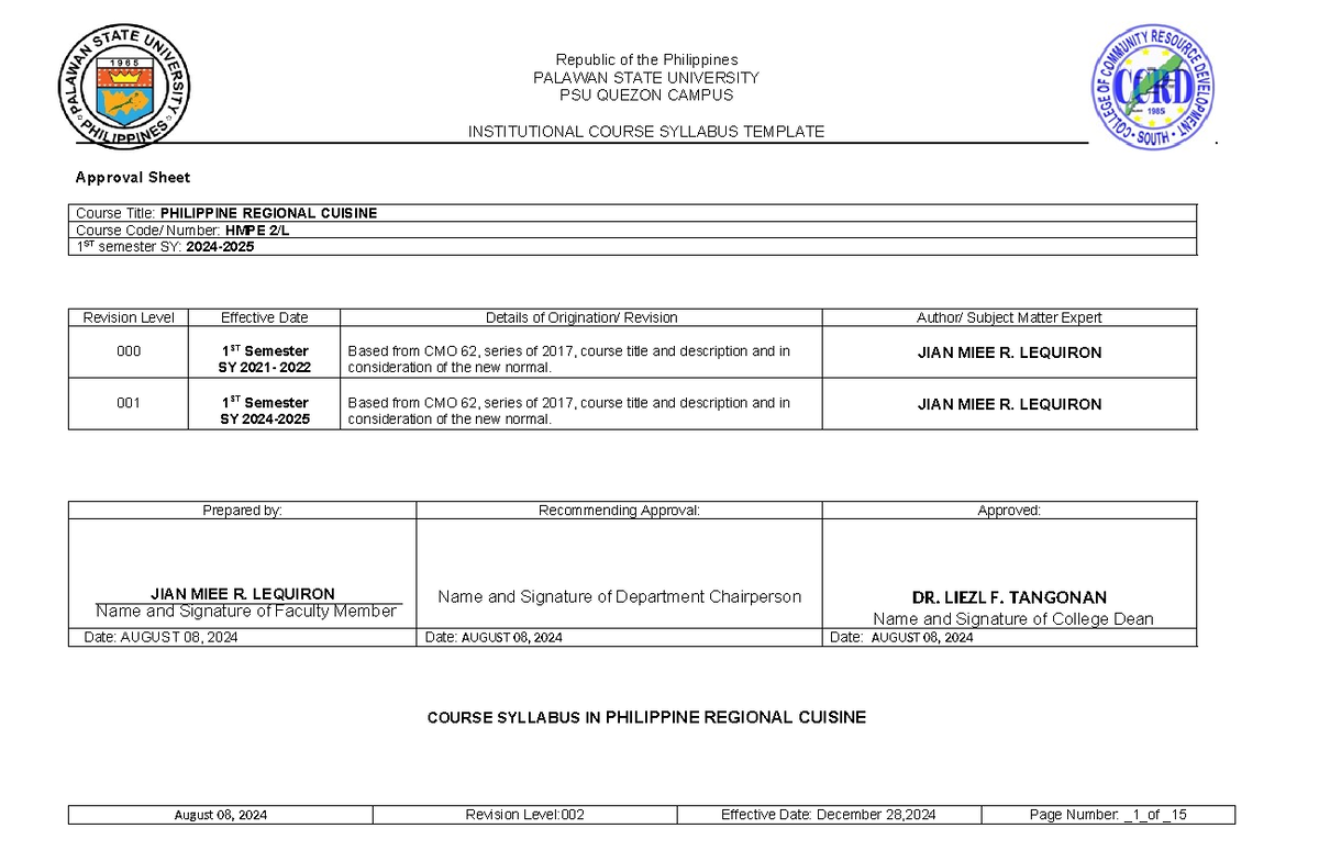 Syllabus Philippine Regional Cuisine - PALAWAN STATE UNIVERSITY PSU ...