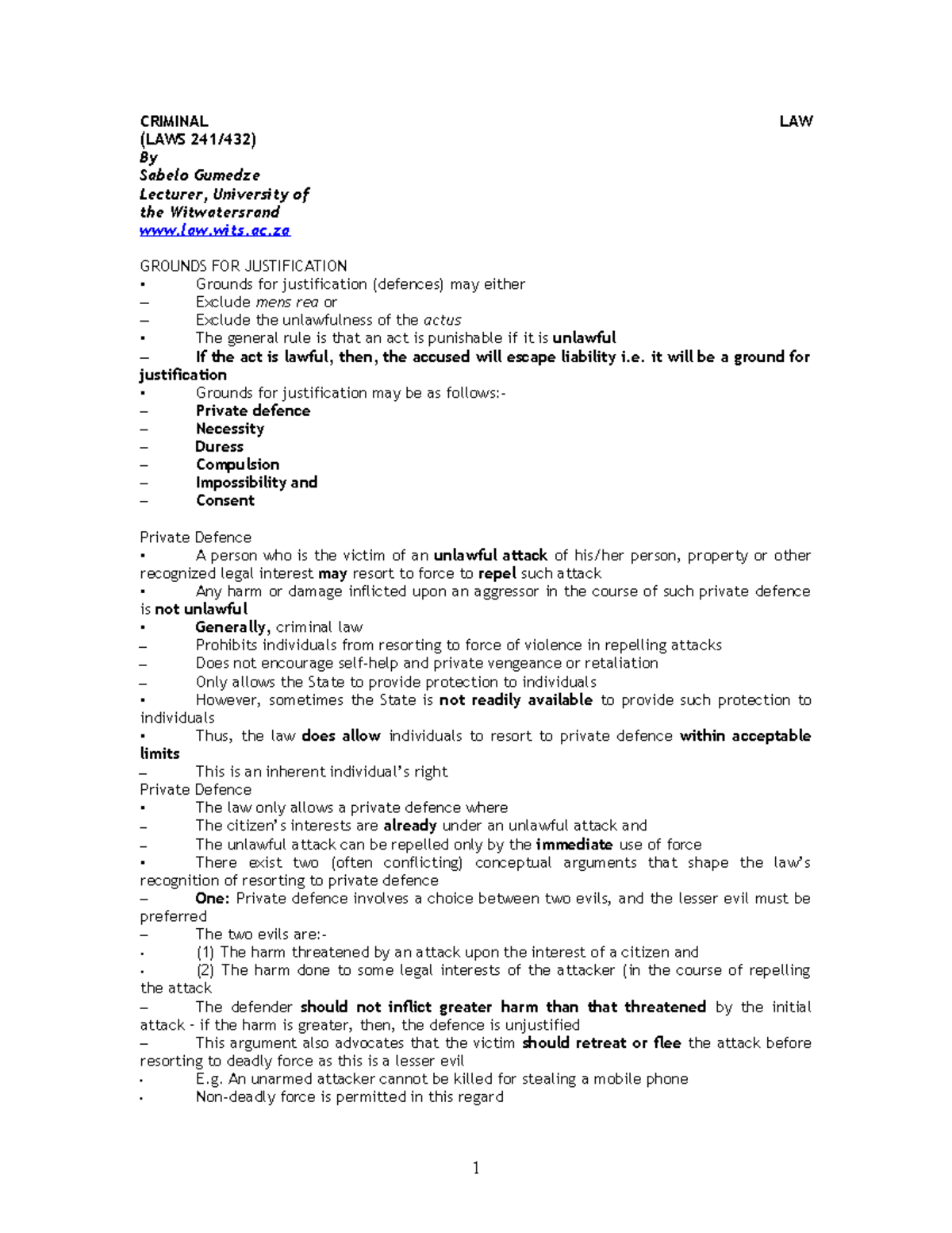 CRIM LAW Notes 1 - LAWS 2014 - Wits University - Studocu