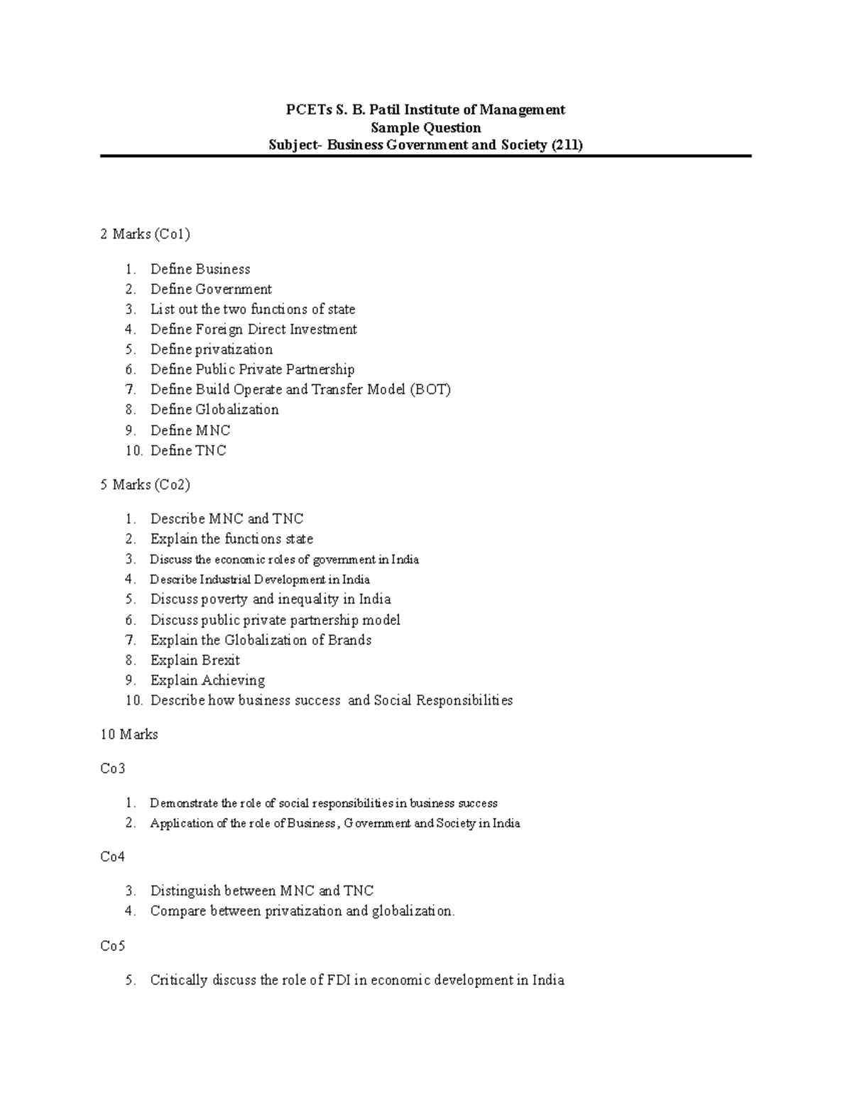 BGS Question Paper - PCETs S. B. Patil Institute of Management Sample ...