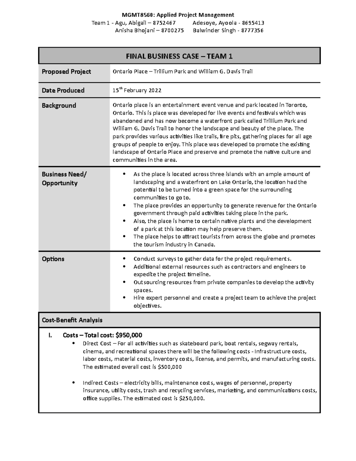 Final Business Case Team 1 - MGMT8560: Applied Project Management Team ...
