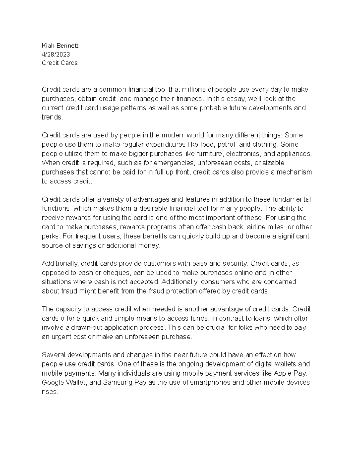 Credit Cards Assignments - Kiah Bennett 4/28/ Credit Cards Credit cards ...