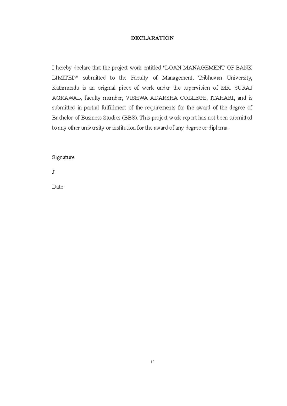 2 starting page - researchj report introduction - DECLARATION I hereby ...