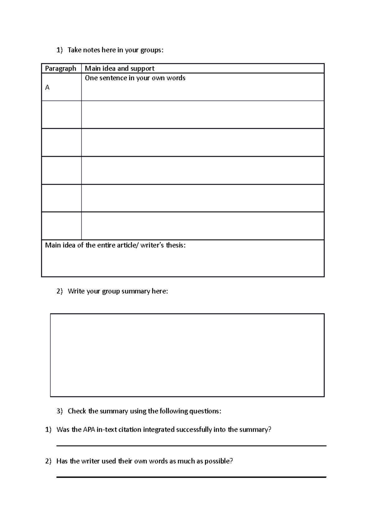 3. note-taking sheet - Take notes here in your groups: Paragraph Main ...