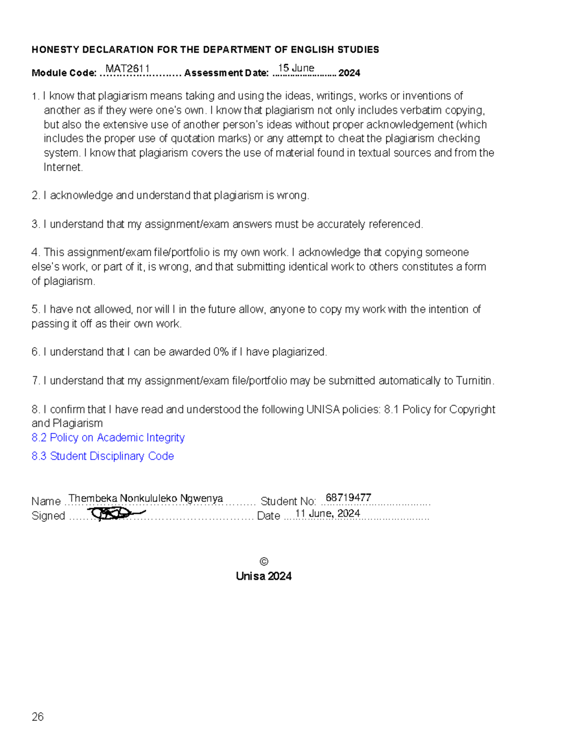 Eng2601 decla form - Tut - 26 HONESTY DECLARATION FOR THE DEPARTMENT OF ...