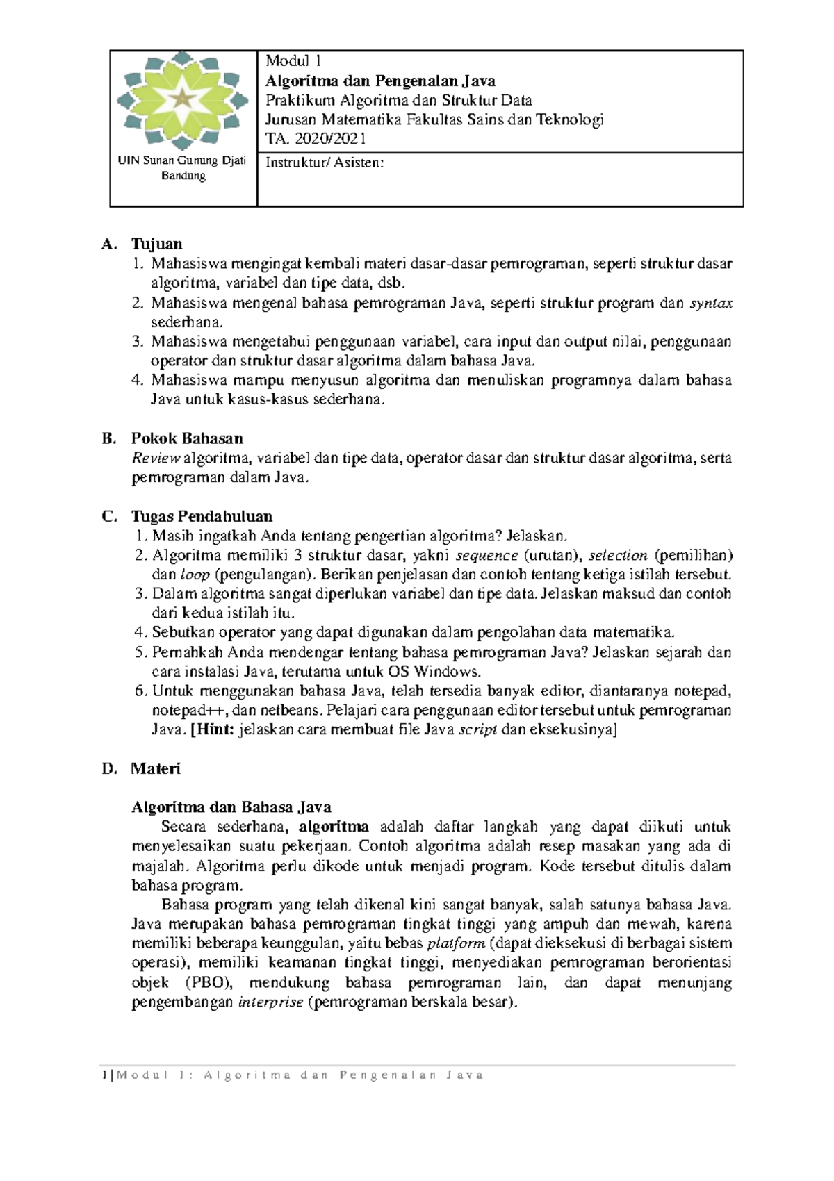 Modul 1 Algoritma Dan Pengenalan Java Modul 1 Algoritma Dan Pengenalan Java Praktikum